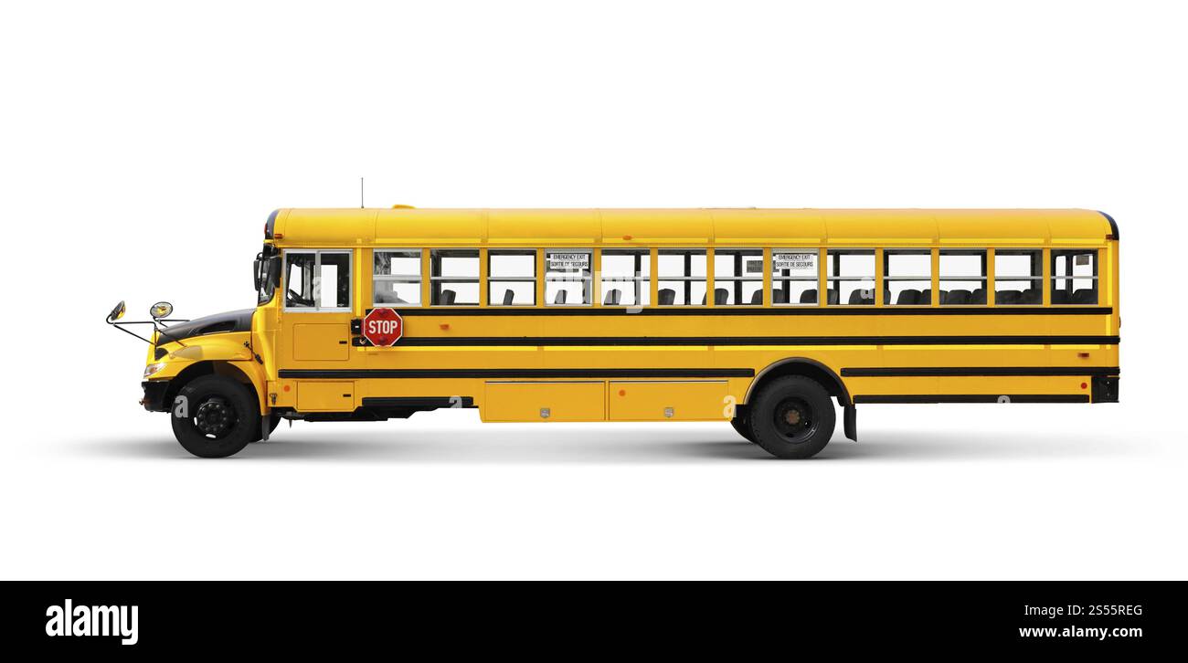 Long yellow school bus isolated on white background with clipping path Stock Photo - Alamy