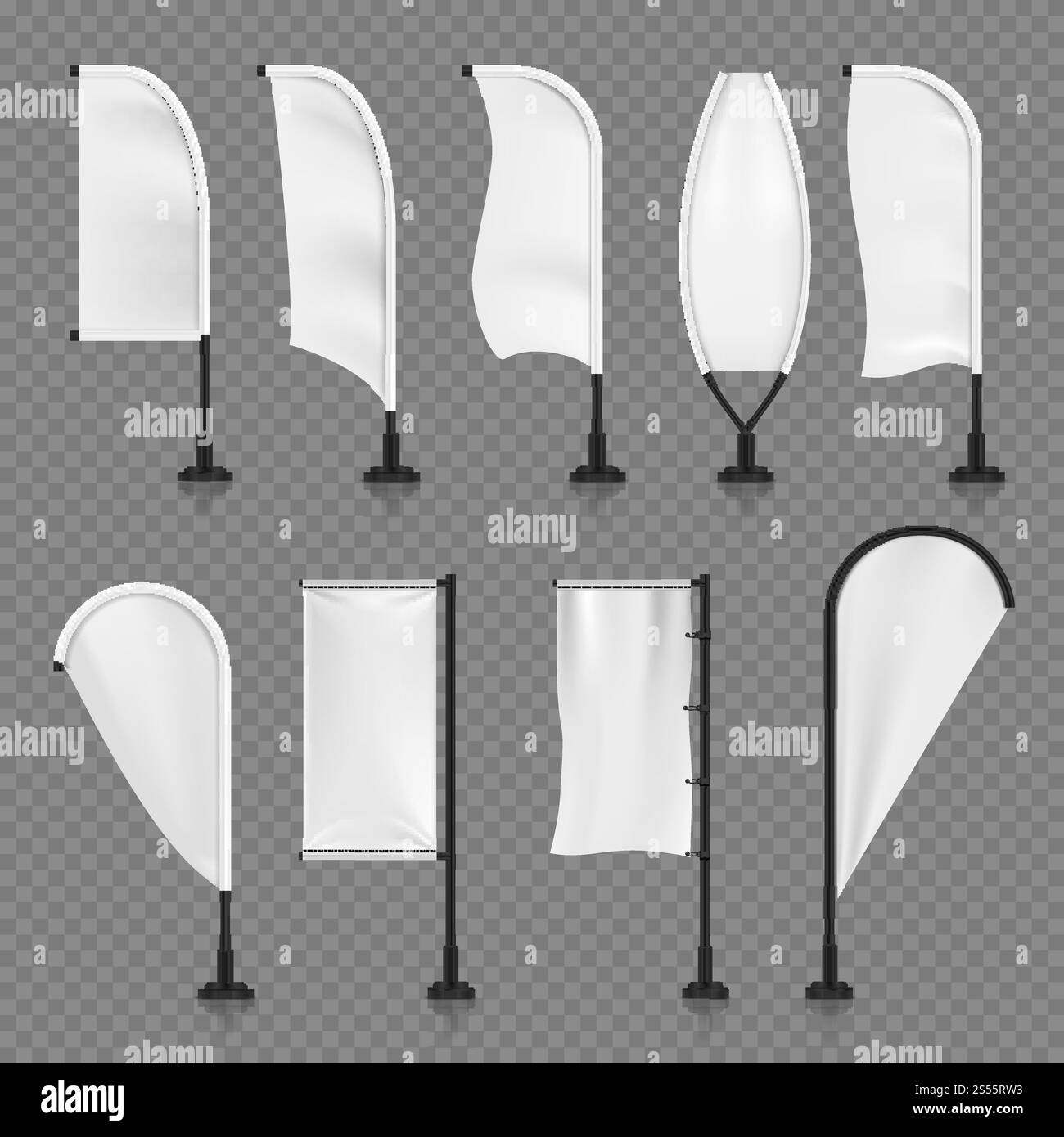 White blank textile vertical banners, flying beach flags in various ...