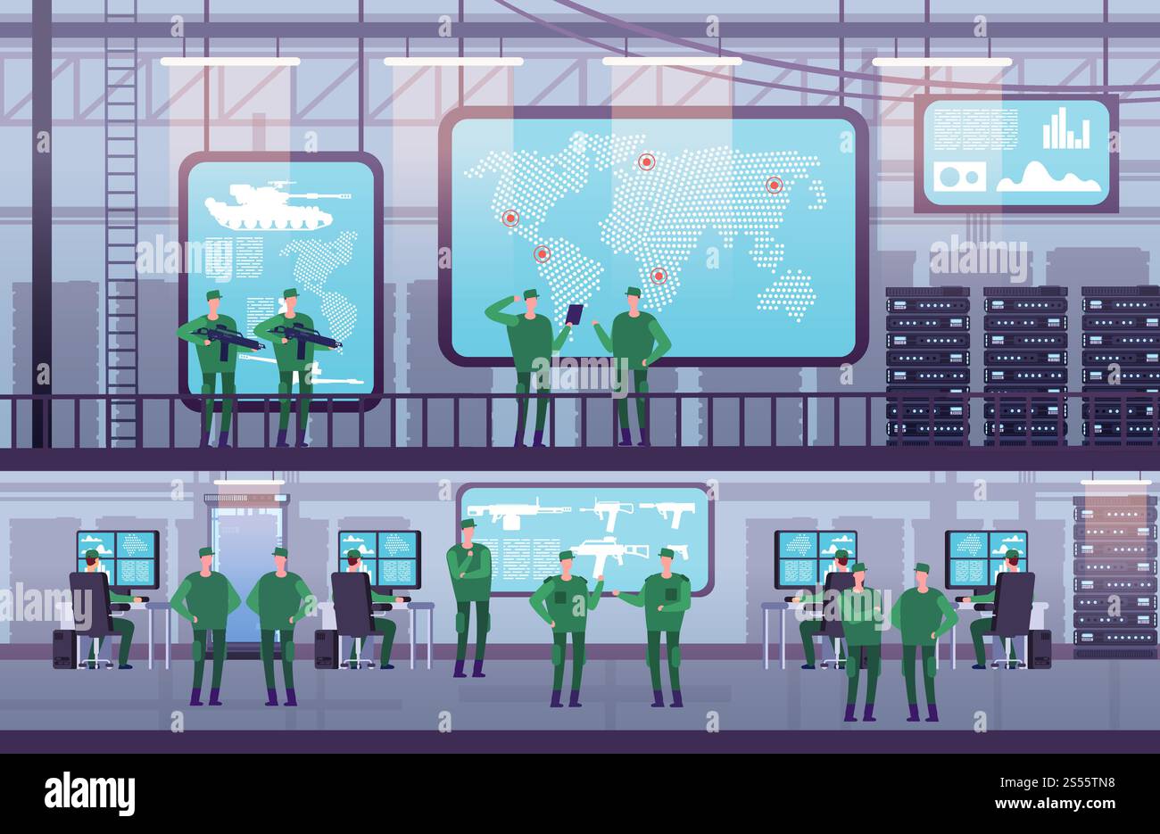 Military control center. People working with computer in government ...
