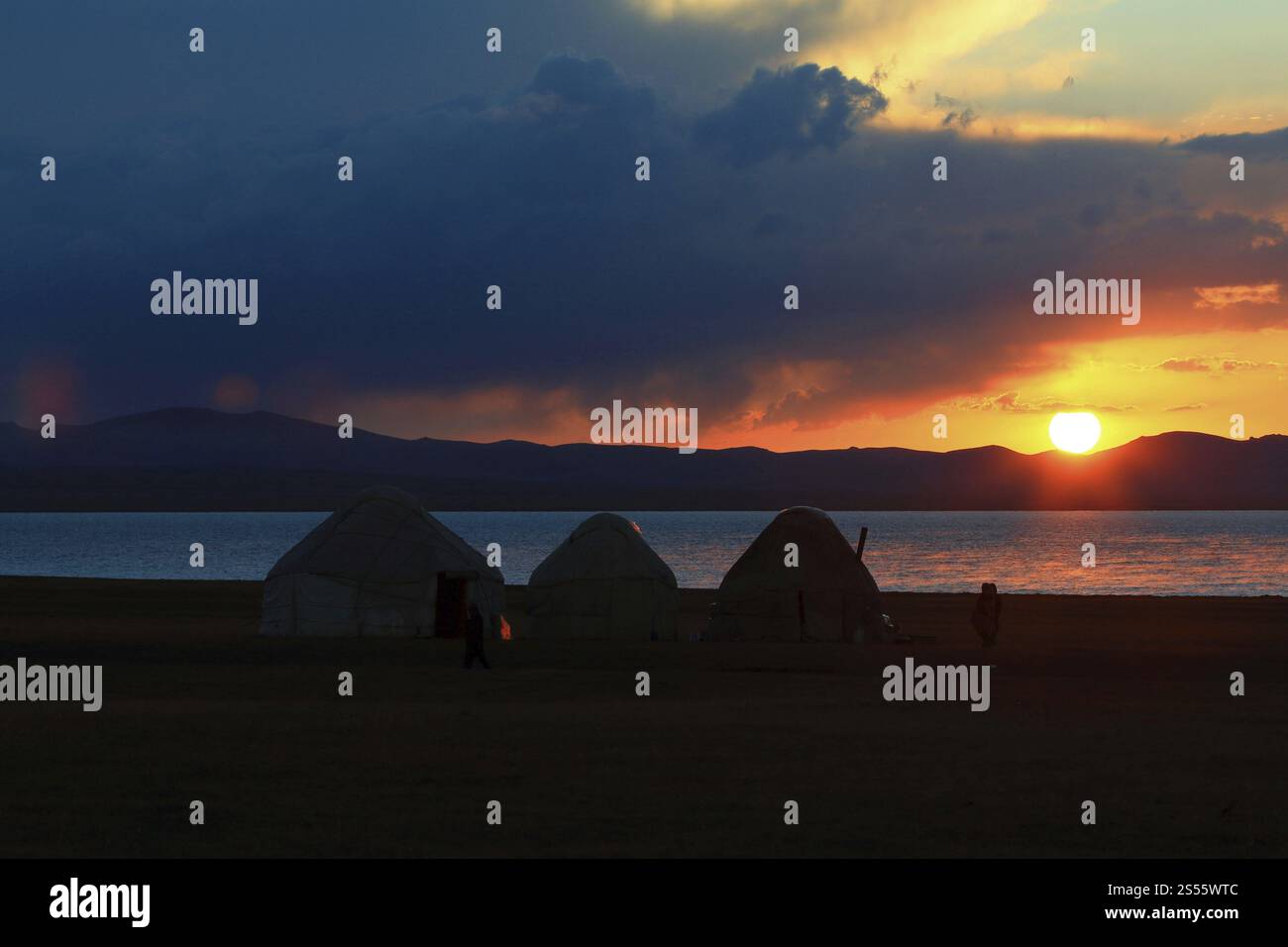 Sunset with yurt camp at Lake Songkoel (Son Kul, Song Kol), Kyrgyzstan ...