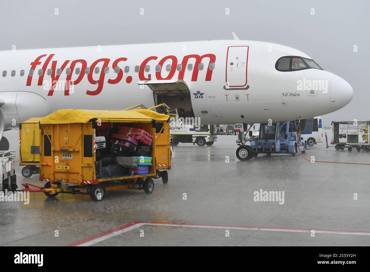 Baggage with baggage tag with Pegasus Airbus at check-in position ...