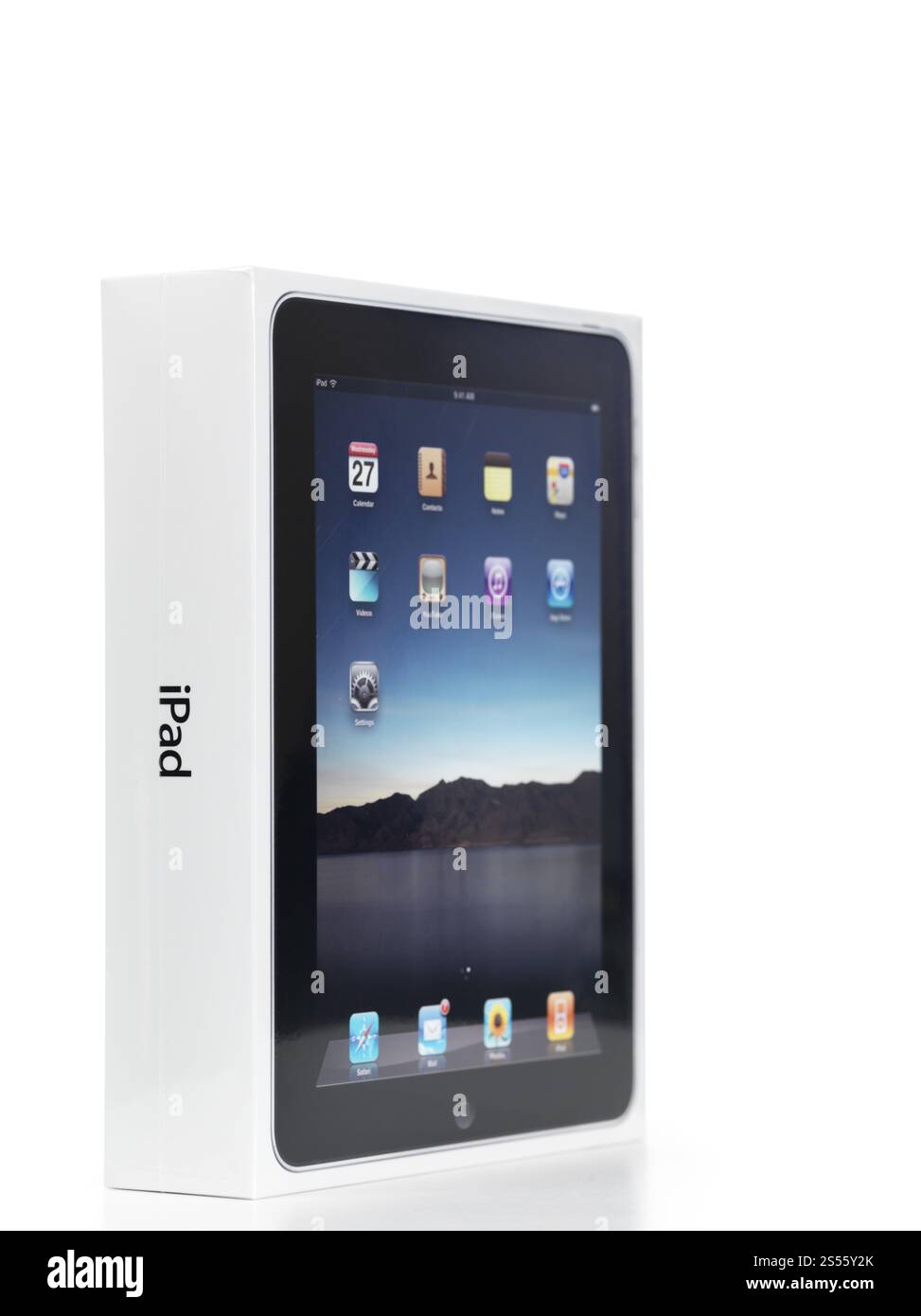 Apple iPad product packaging boxed and wrapped in plastic. Isolated ...