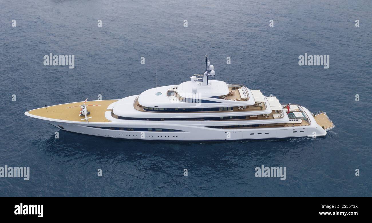 Aerial view of 97 metre motor yacht FAITH with helicopter on board ...
