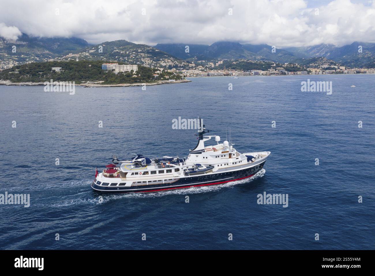 Aerial view expedition yacht motor yacht ITASCA (ex Thames III, Smit ...