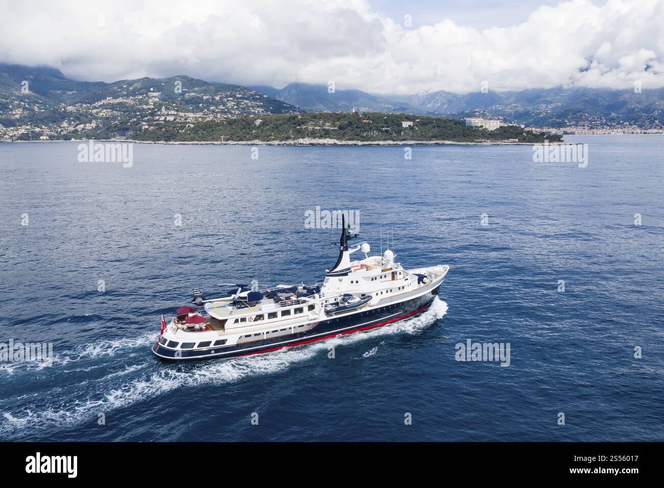 Aerial view expedition yacht motor yacht ITASCA (ex Thames III, Smit ...