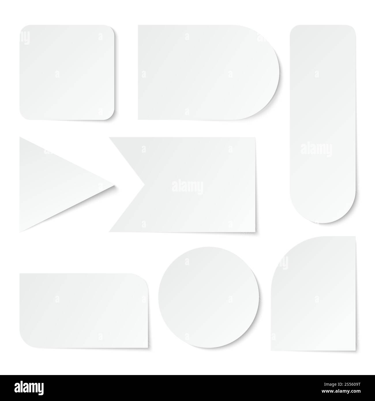 Paper stickers. Blank white labels, tags of different shapes. Isolated ...