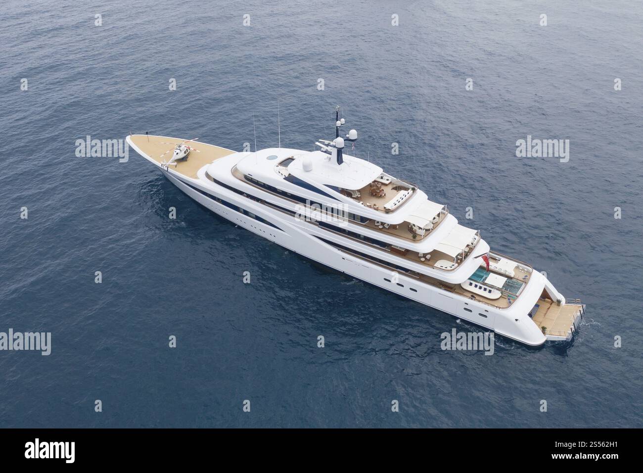Aerial view of 97 metre motor yacht FAITH with helicopter on board ...