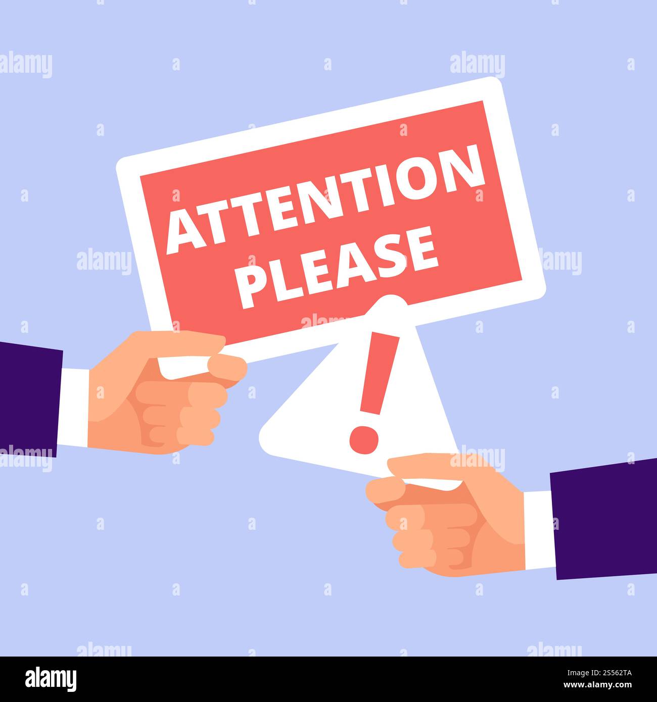 Two cartoon hands hold Attention please banner. Attention vector concept illustration. Hands ...