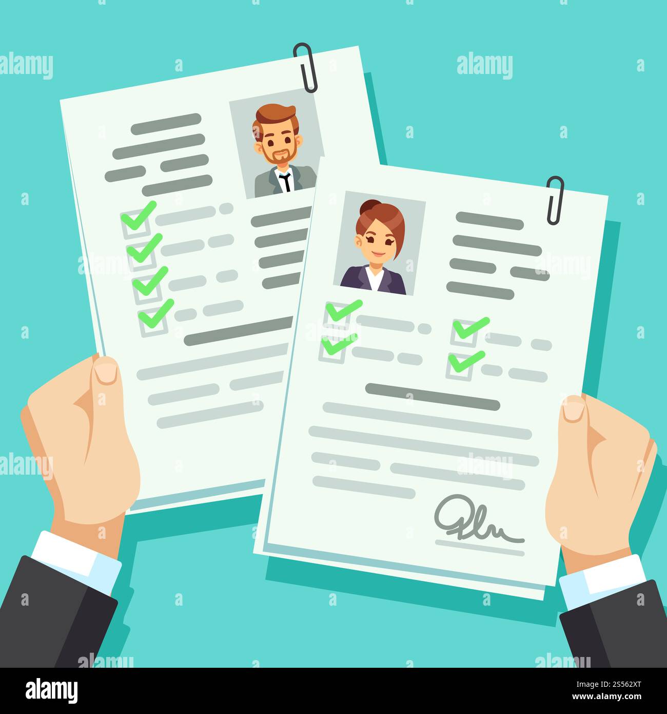 Male vs female cv resume vector illustration top view select. Male ...