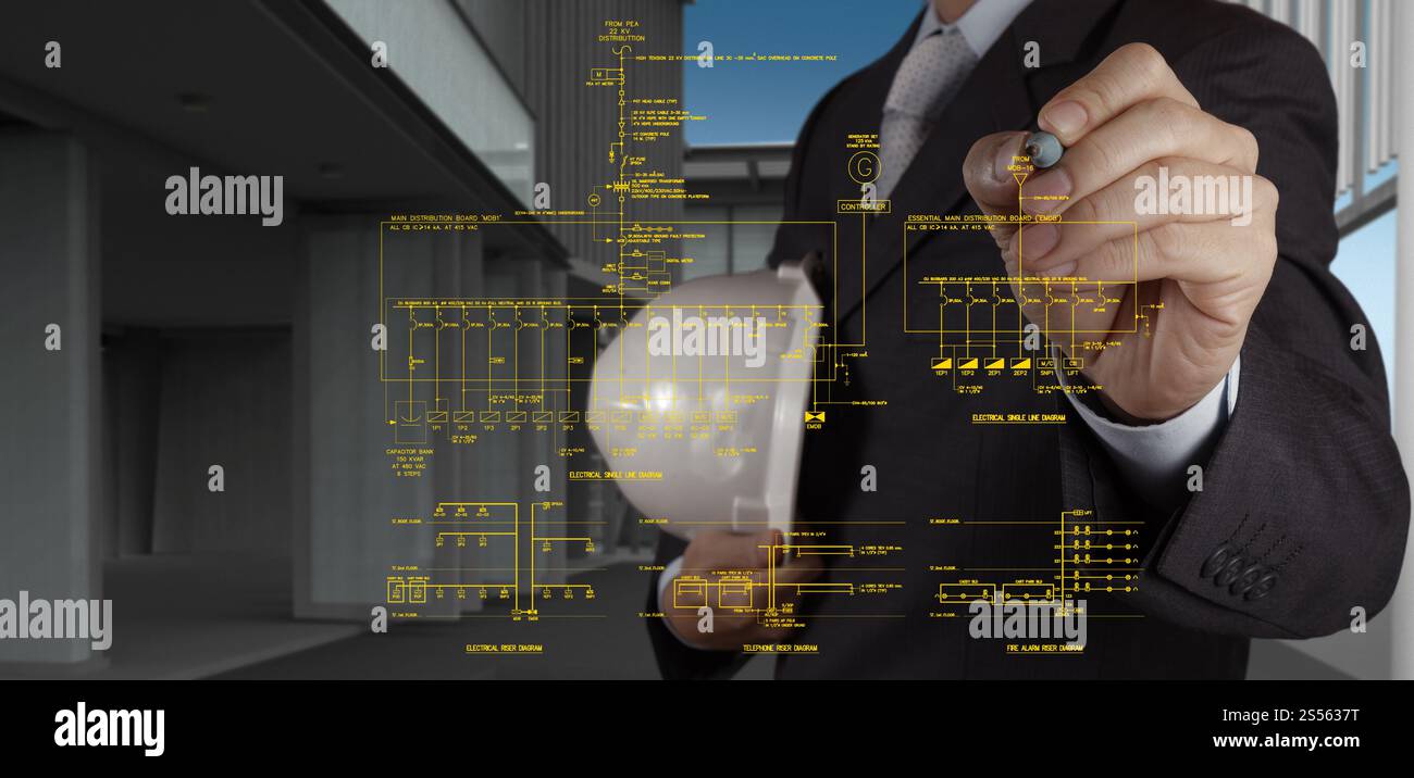 engineer draws an electronic single line schematic diagram Stock Photo ...