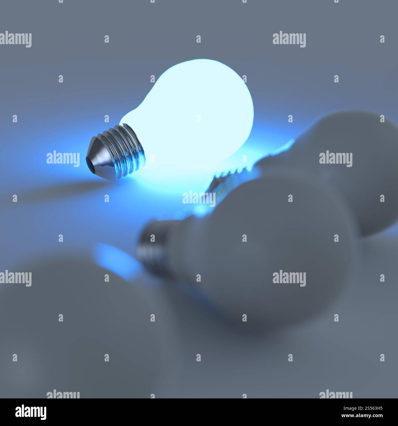 3d growing light bulb standing out from the unlit incandescent bulbs as ...