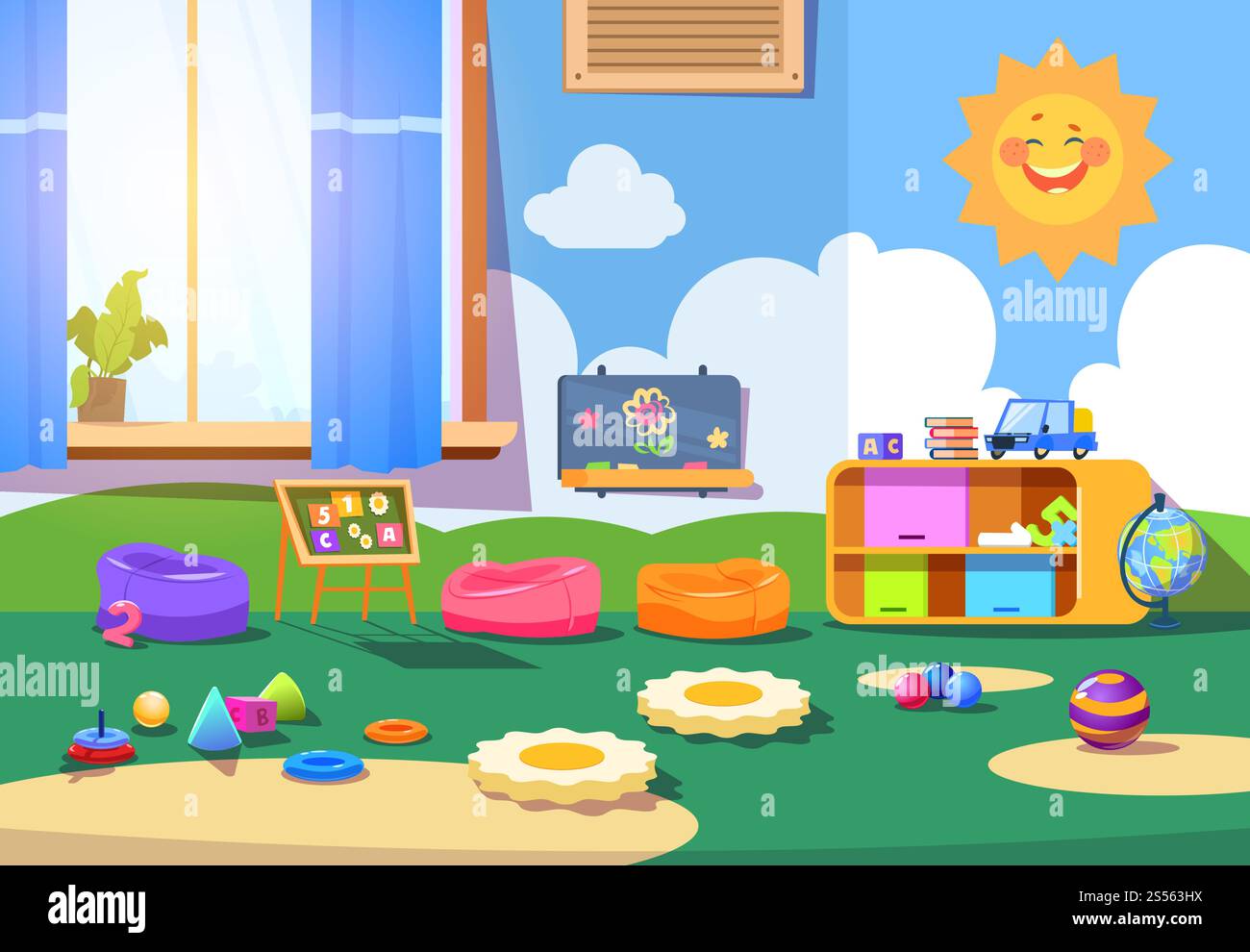 Kindergarten room. Empty playschool room with toys and furniture. Kids ...