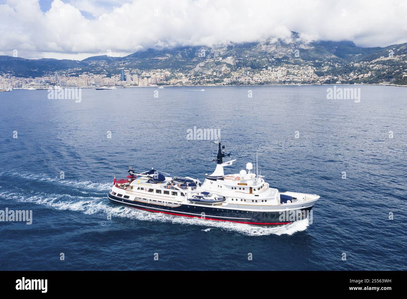 Aerial view expedition yacht motor yacht ITASCA (ex Thames III, Smit ...