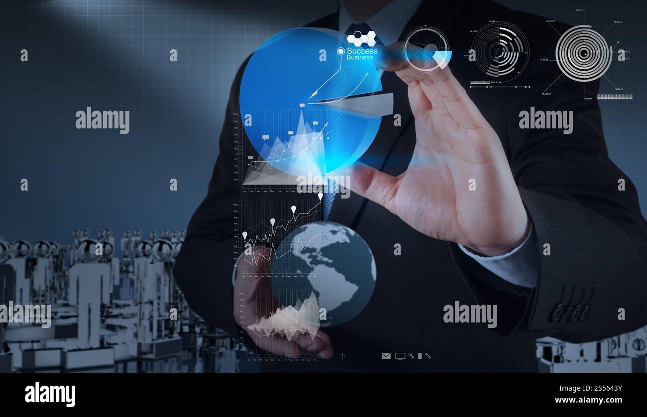 businessman hand working with new computer interface shows a pie chart ...