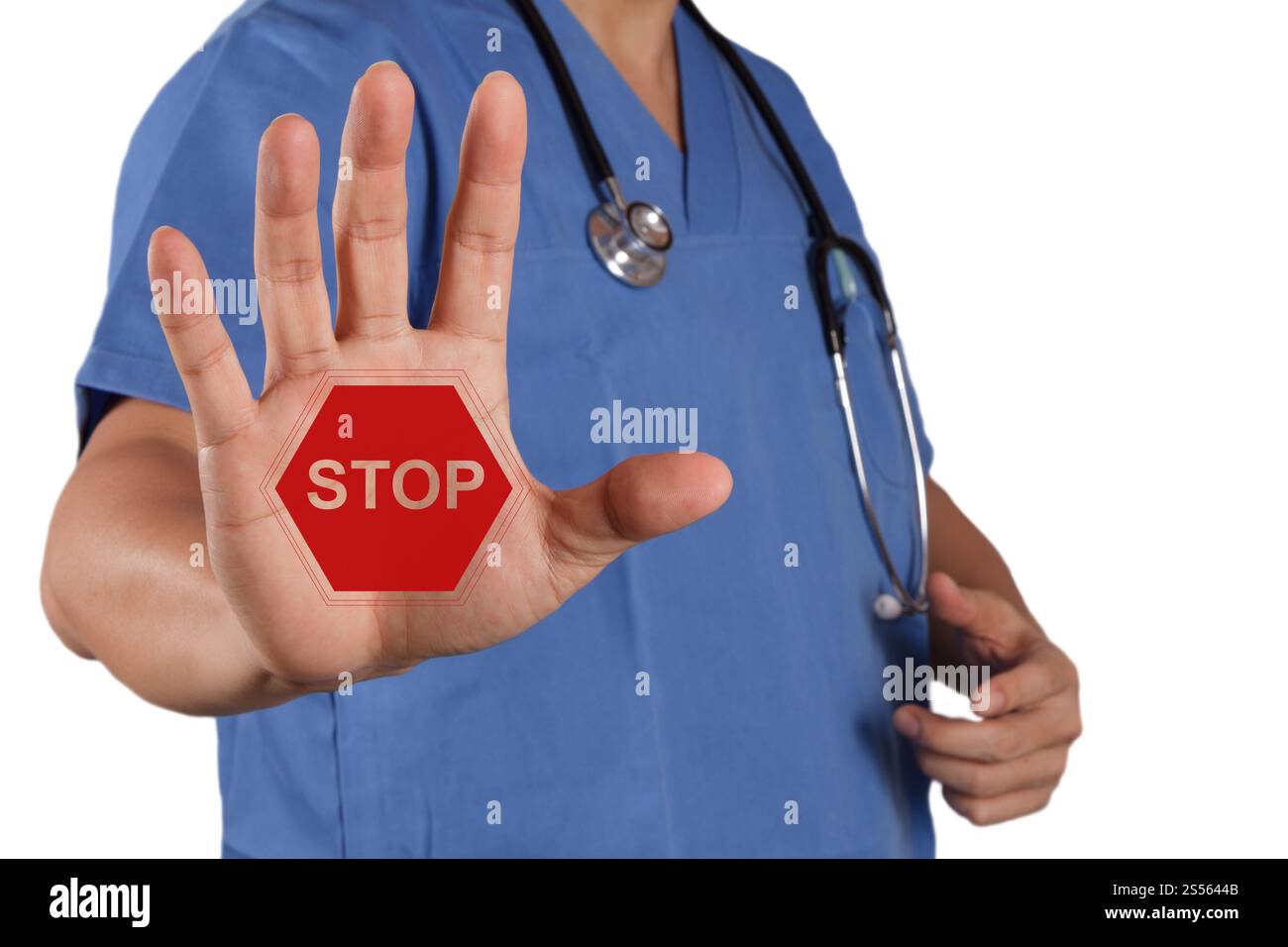medical doctor hand surgeon shows stop sign with his hand as concept ...