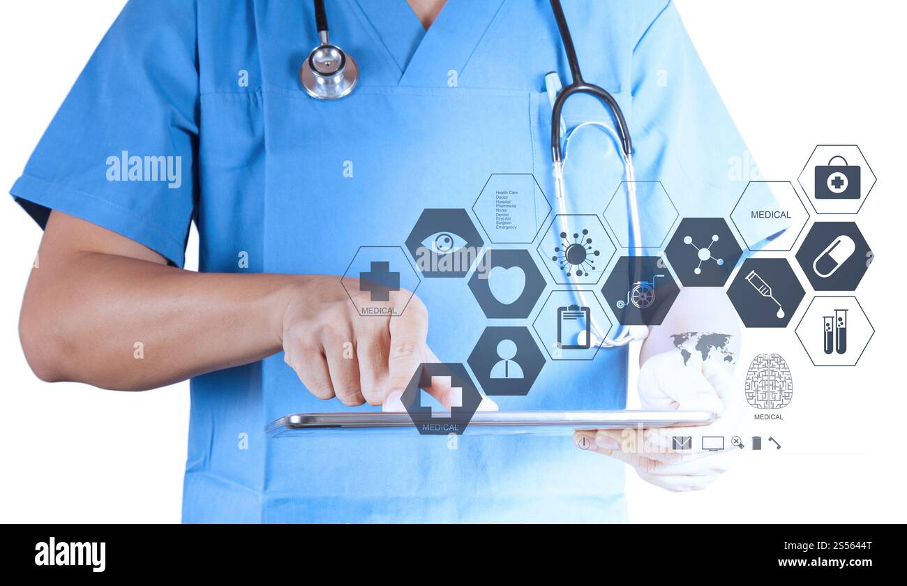 Medicine doctor working with modern tablet computer and virtual ...