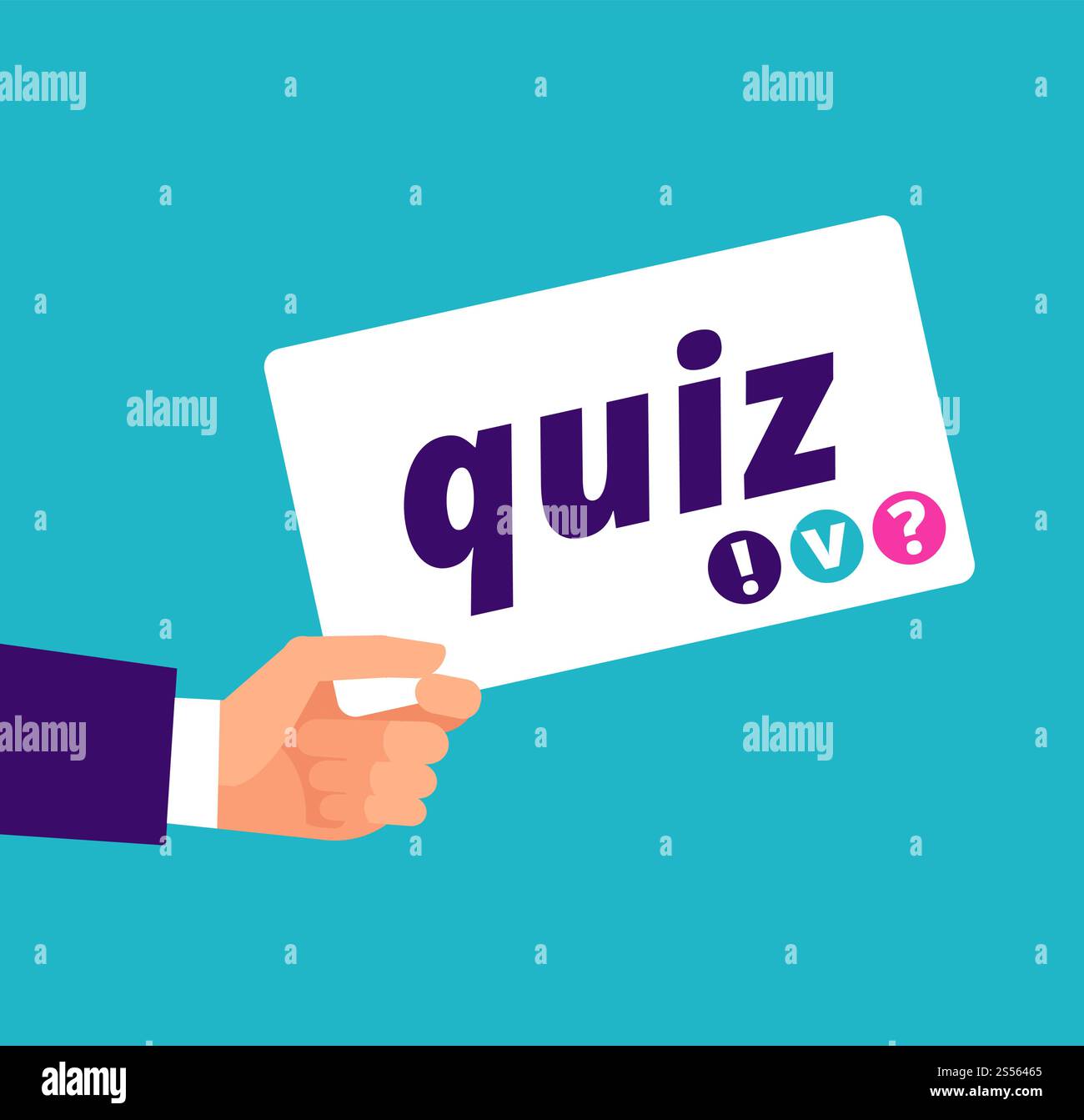 Quiz concept. Hand holding banner with quiz text. Cartoon vector ...