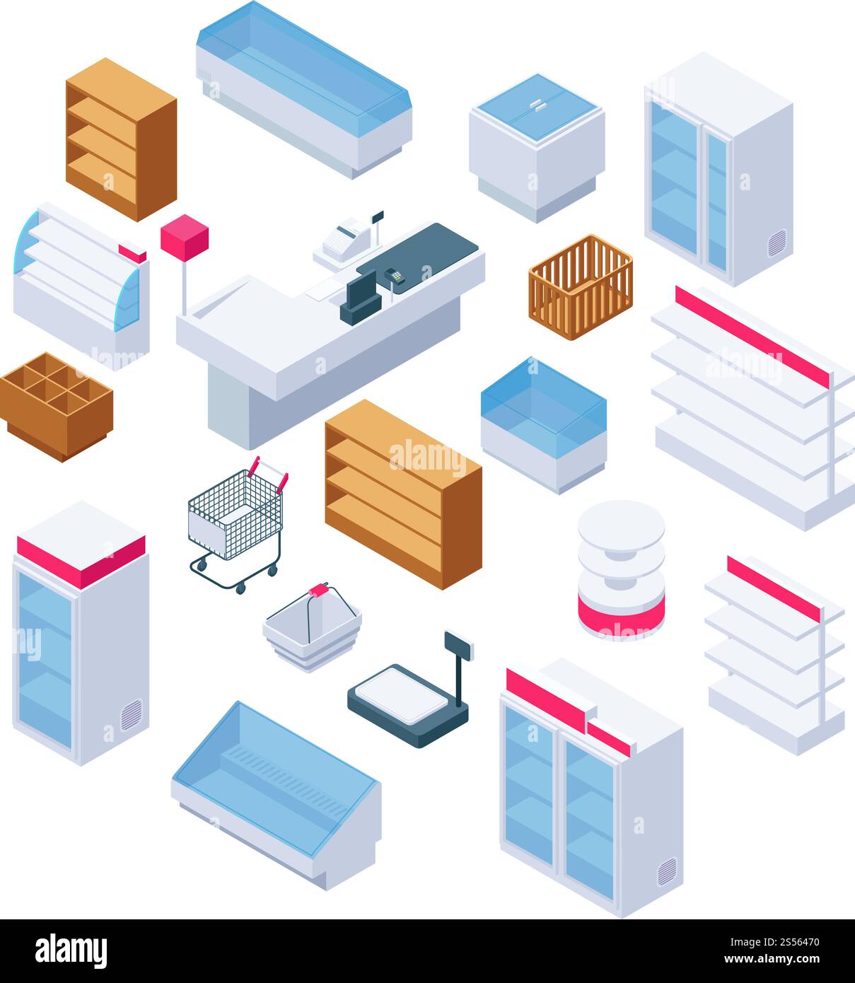 Isometric store furniture. Supermarket shelves, fridges and equipment ...