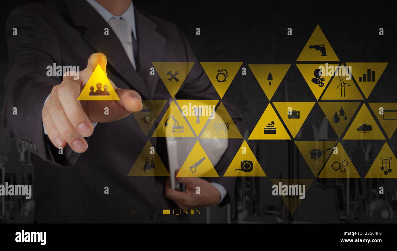 engineer hand working with new computer interface show building ...