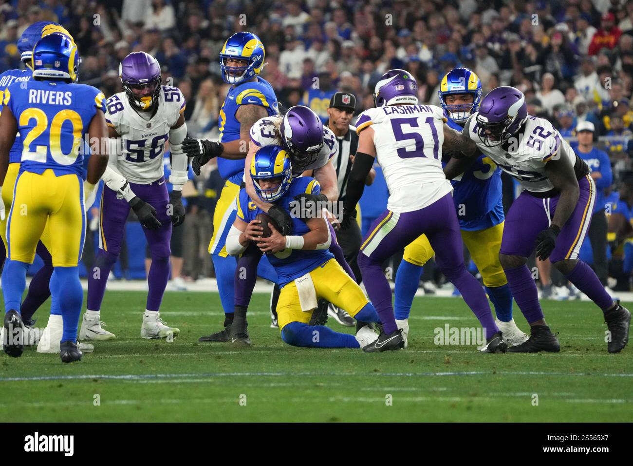 Minnesota Vikings linebacker Andrew Van Ginkel (43) sacks Los Angeles Rams quarterback Matthew ...