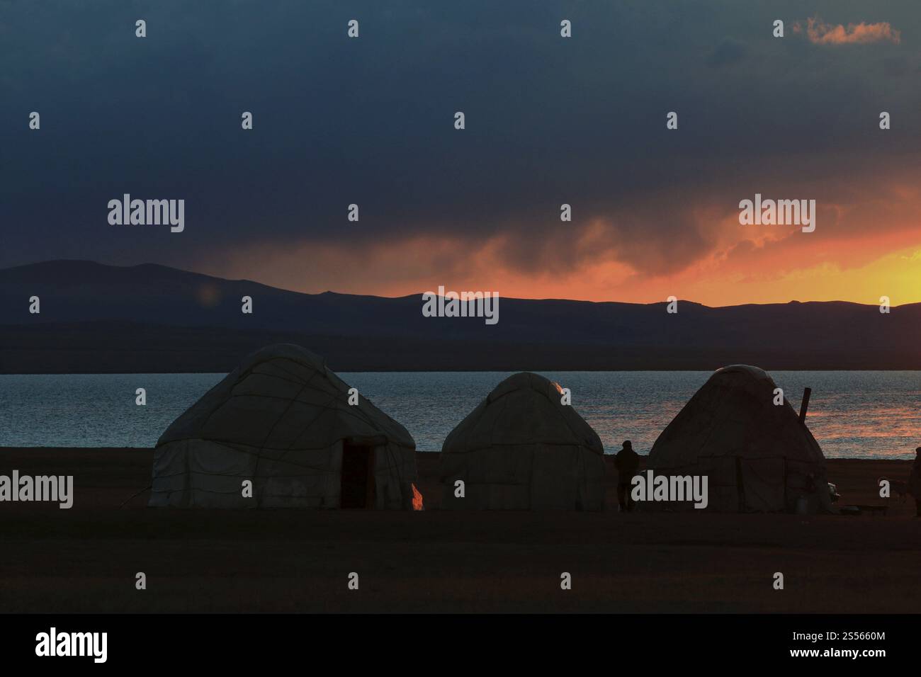 Sunset with yurt camp at Lake Songkoel (Son Kul, Song Kol), Kyrgyzstan ...