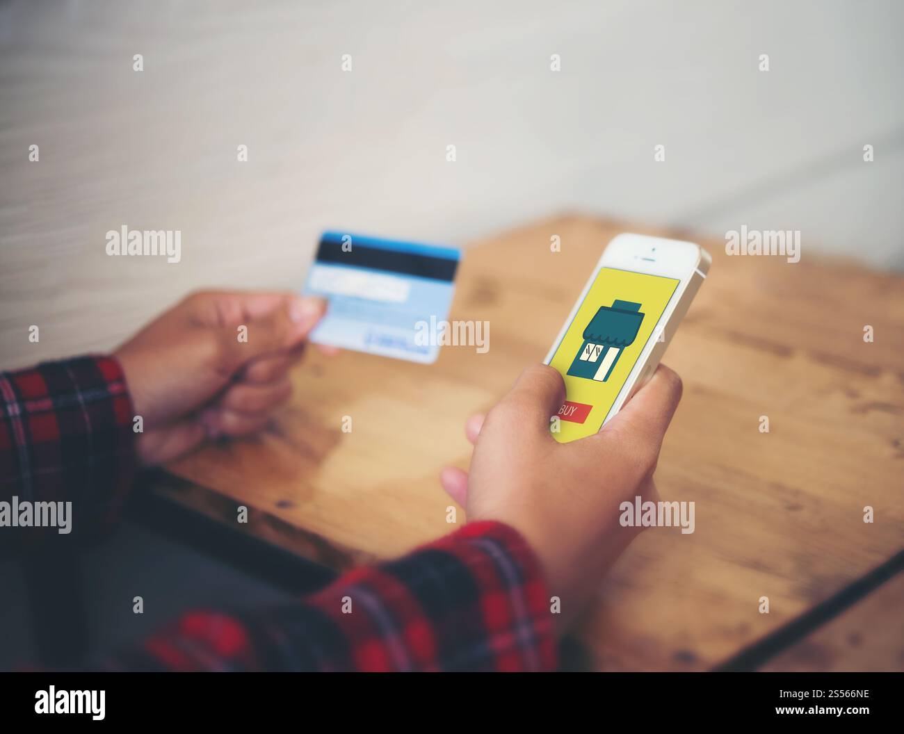 Smart phone online shopping in woman hand and credit card. Buy stuff ...