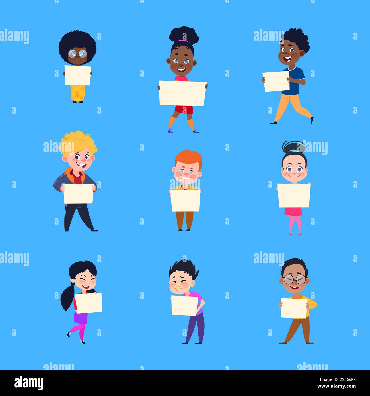 Cartoon children. Happy kids holding blank white placards. Boys and ...