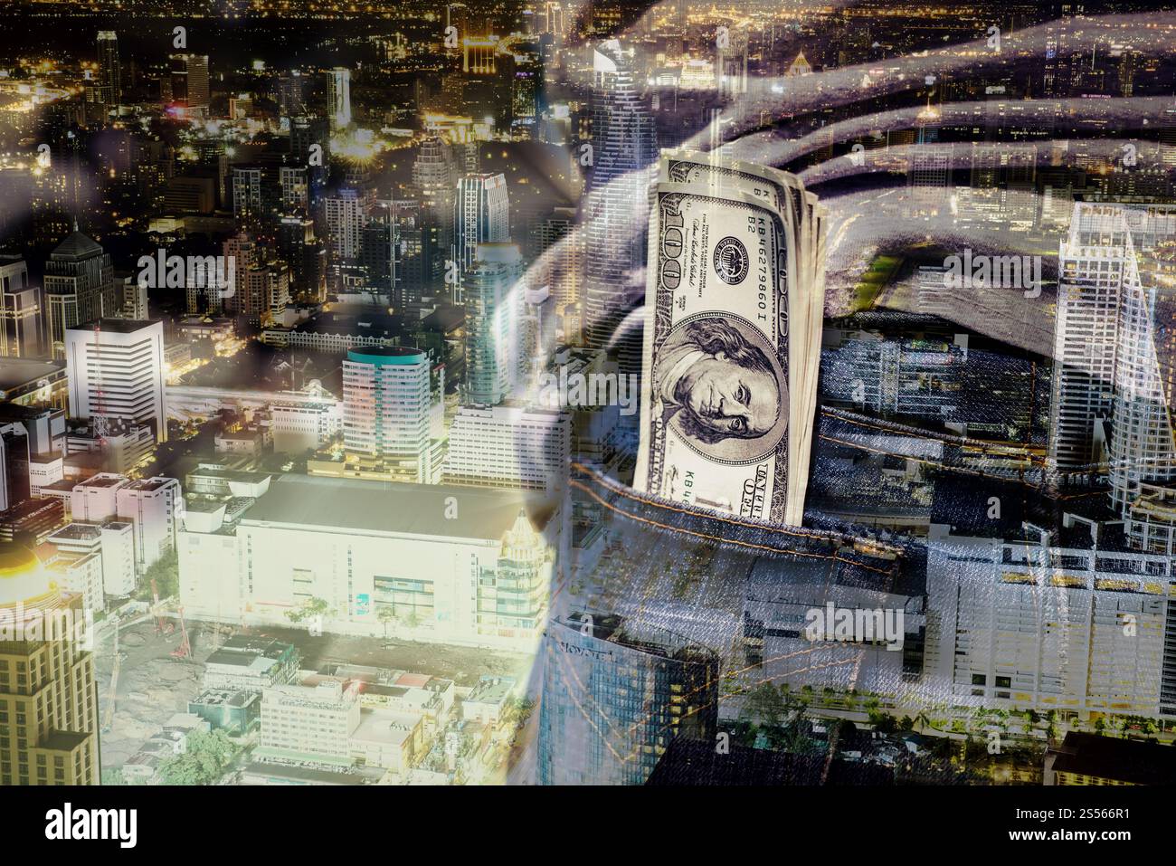 Double exposure of Businessman with money in hand with cityscape at ...