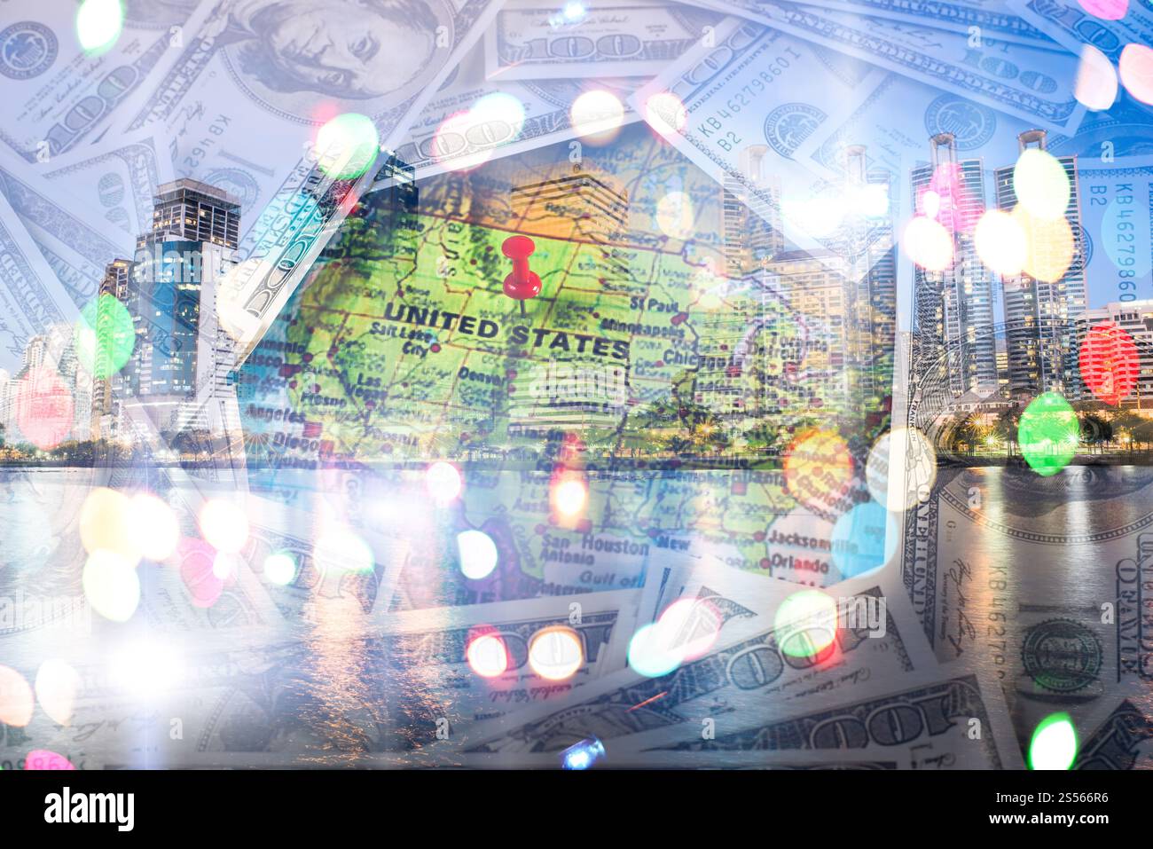 Double exposure of money with world map background Stock Photo - Alamy