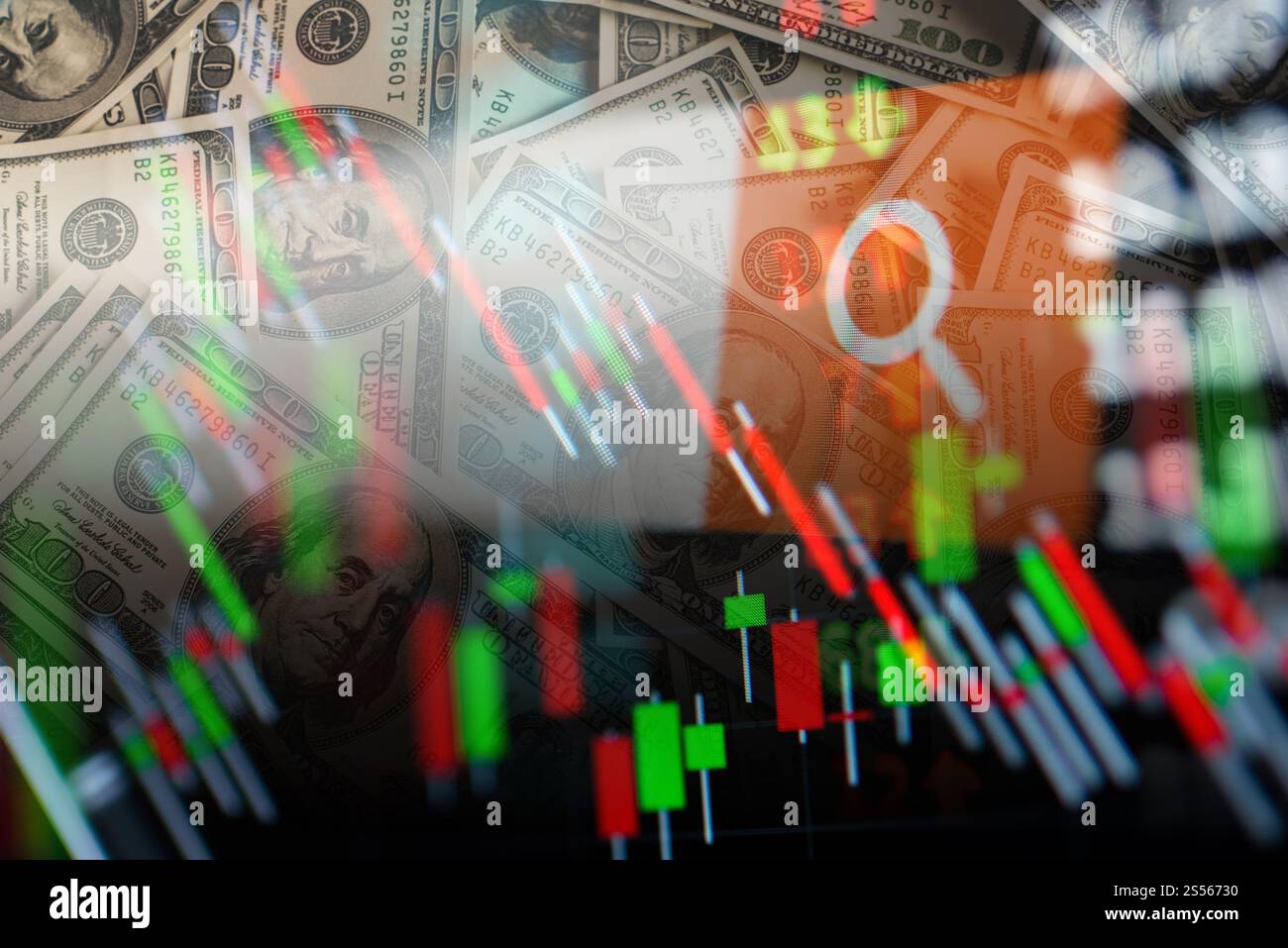 Double exposure of abstract digital binary code and US dollars bank ...