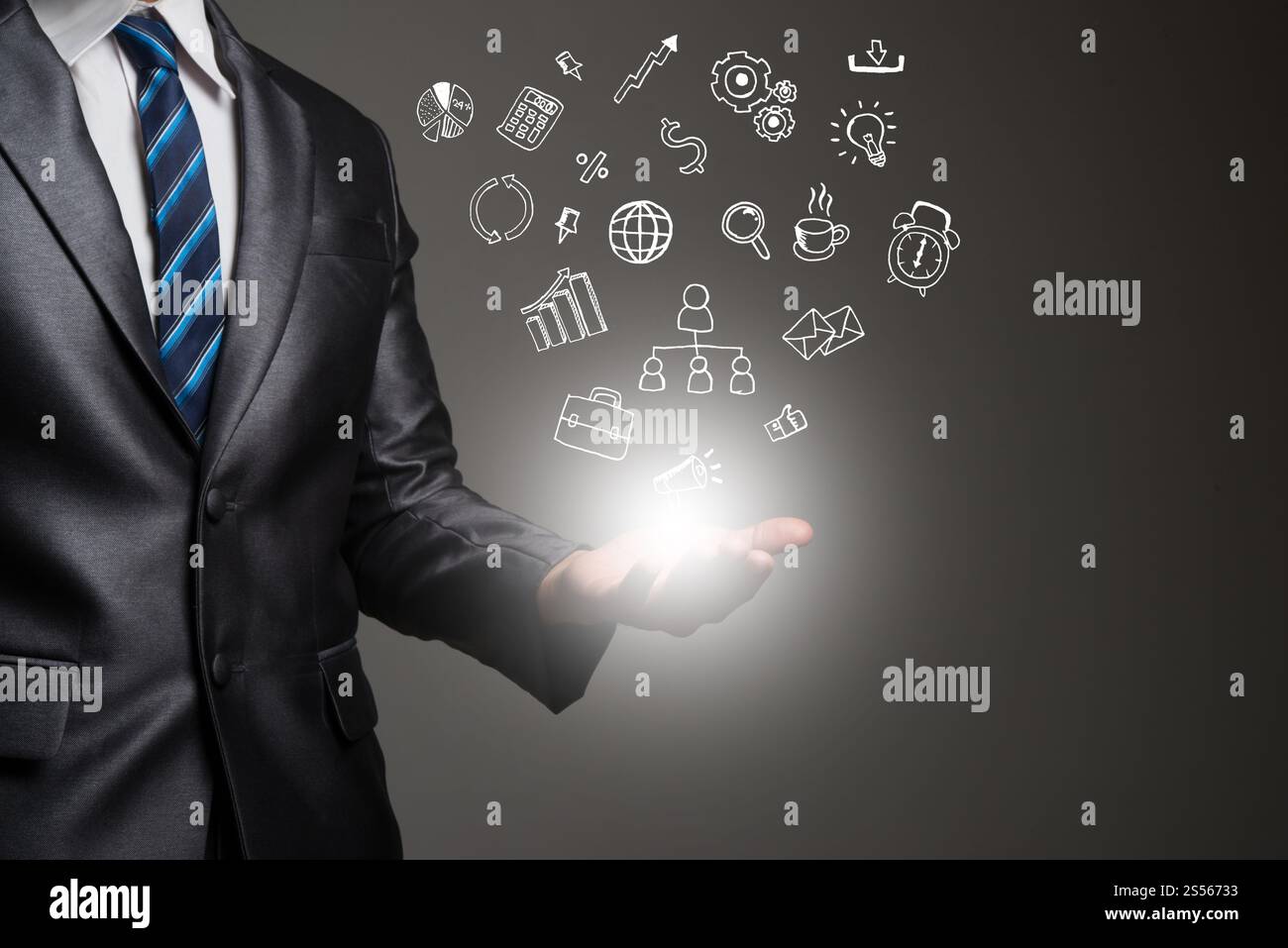 Businessman hands with doodle business icons. Communication concept ...