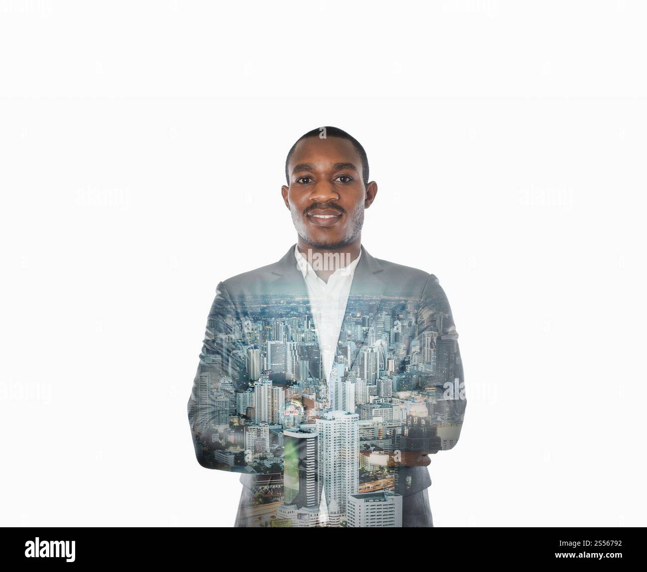 Double exposure of confident African American businessman standing with ...