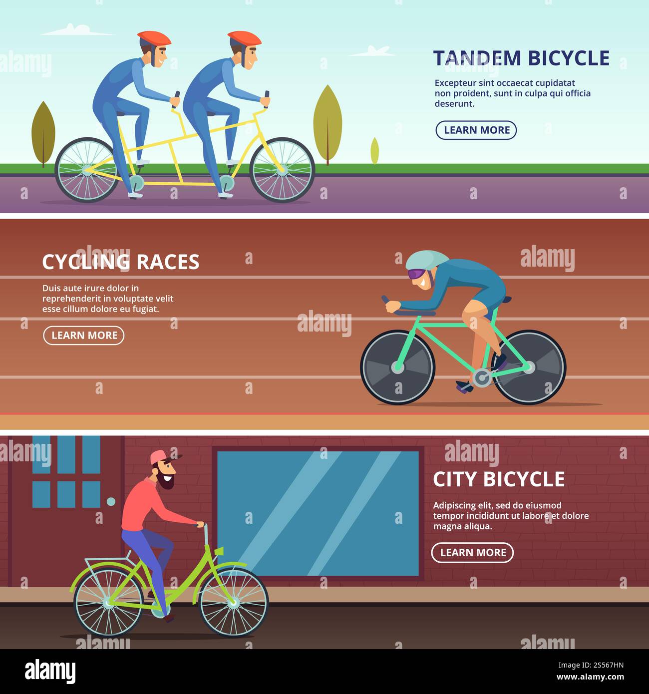 Banners set with horizontal illustrations of various cyclists. Sport ...