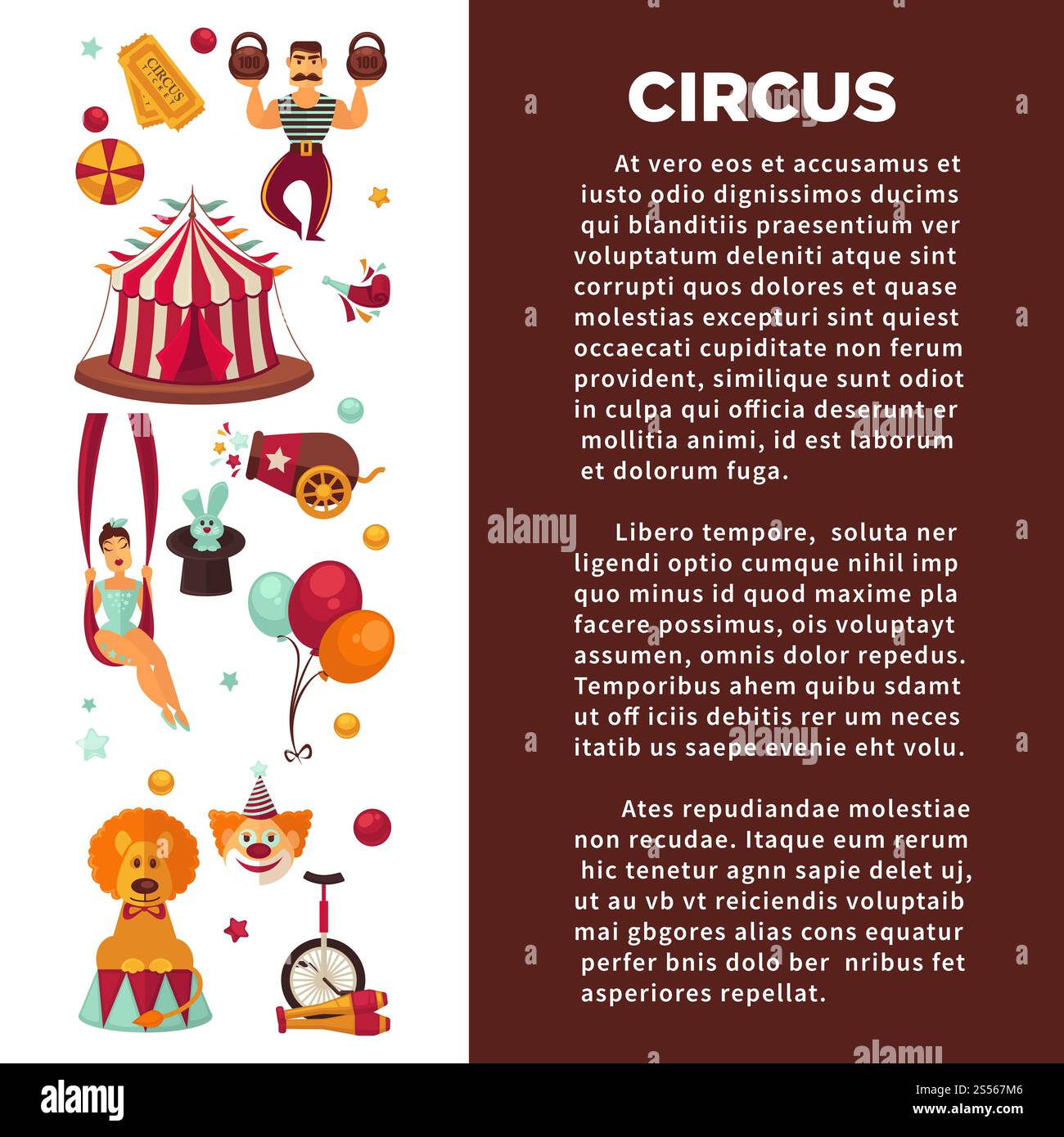 Amazing circus promo poster with participants of show and equipment ...