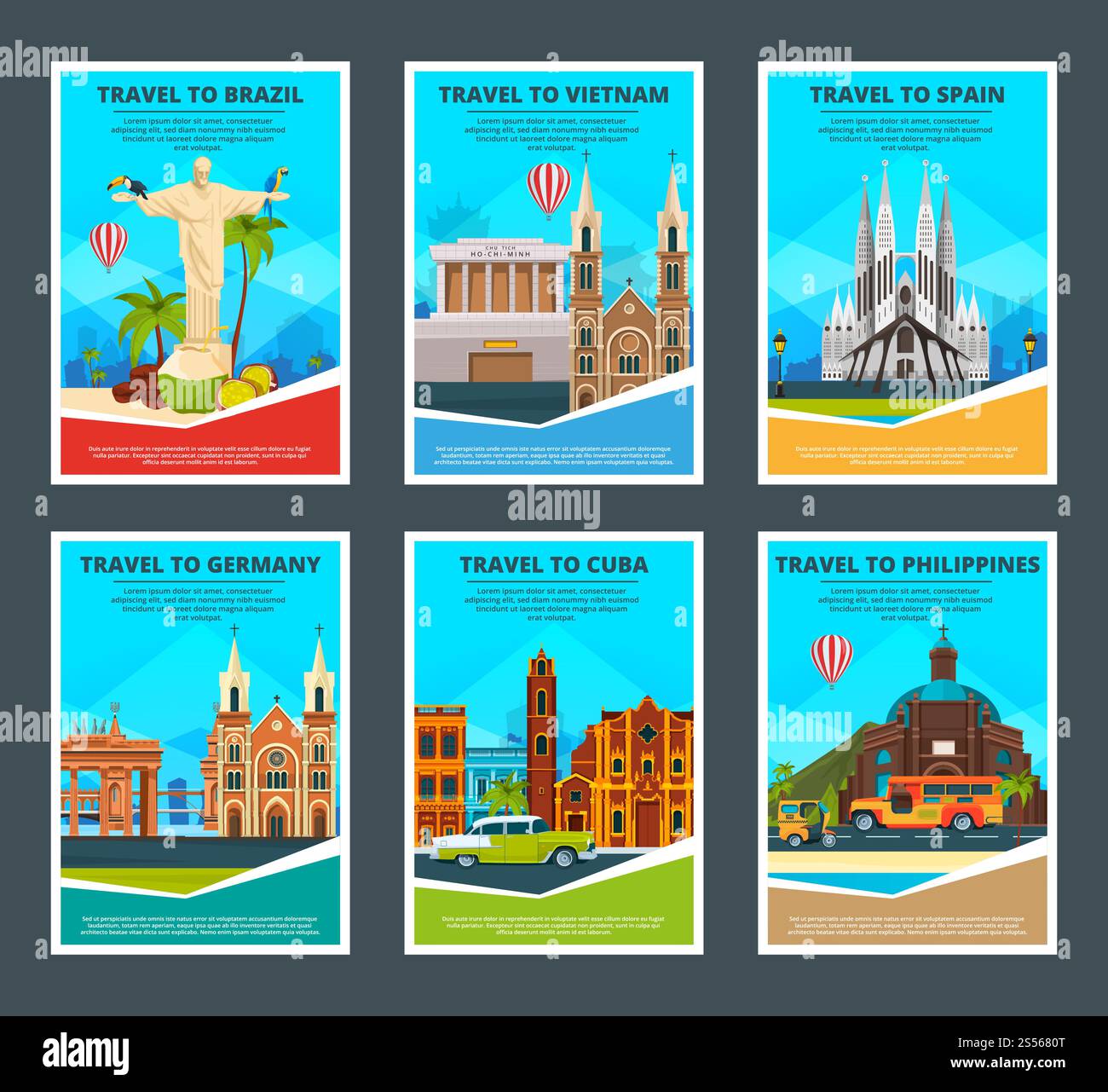 Design template of various travel cards with illustrations of famous ...
