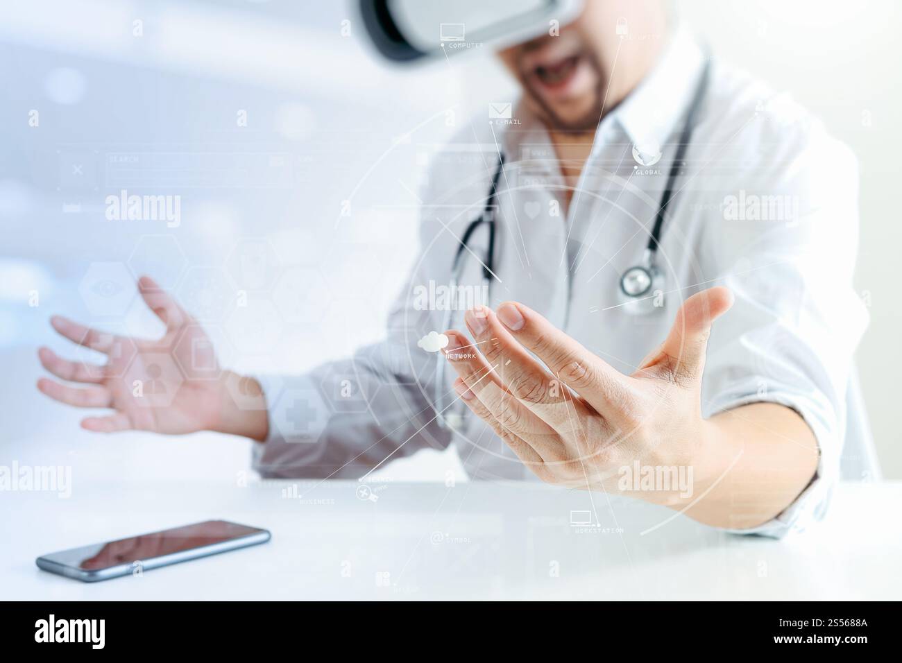 smart doctor wearing virtual reality goggles in modern office with ...
