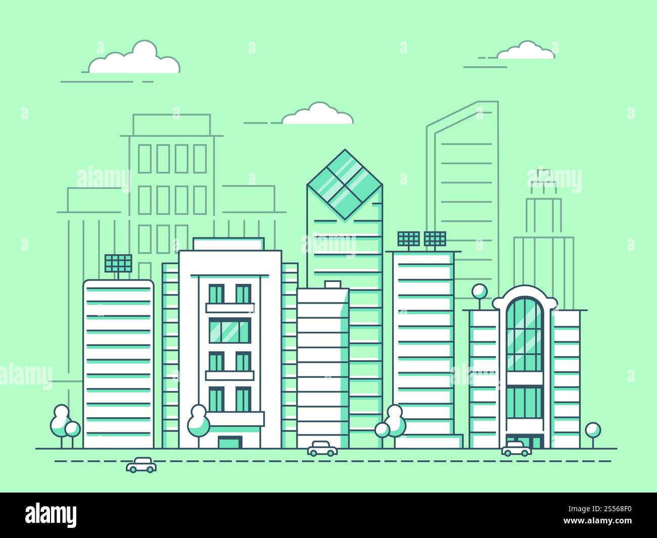 Mono line illustrations of urban landscape with business buildings ...