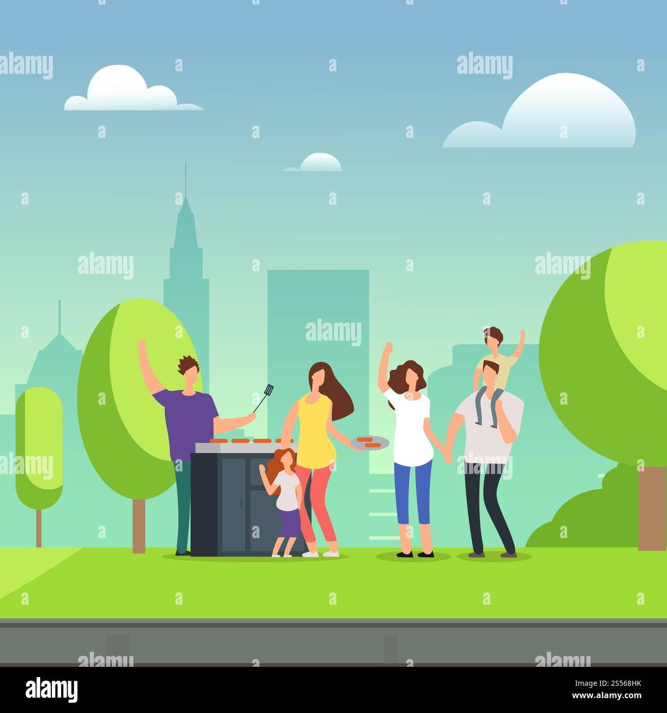 Cartoon character families resting on bbq picnic in green park. Vector ...