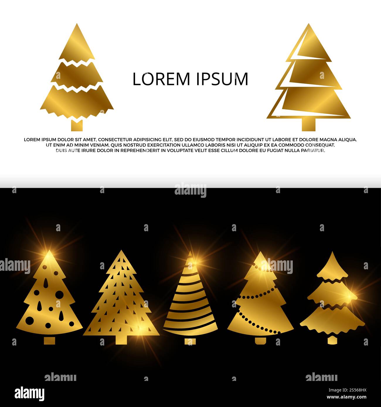 Vector banner or flyer of collection with golden christmas tree icons ...