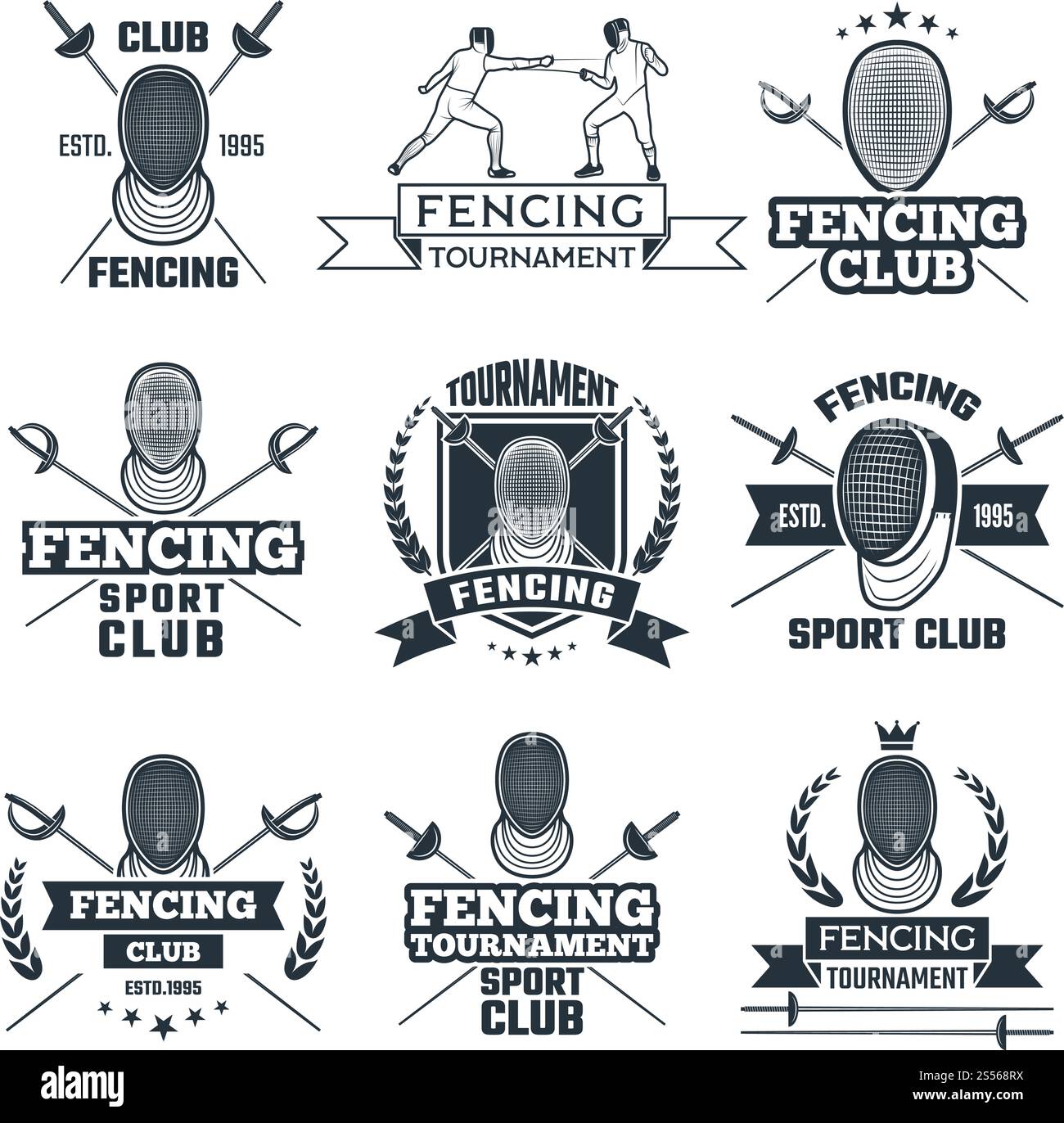 Monochrome badges set of fencing sport. Vector fencing club badge ...