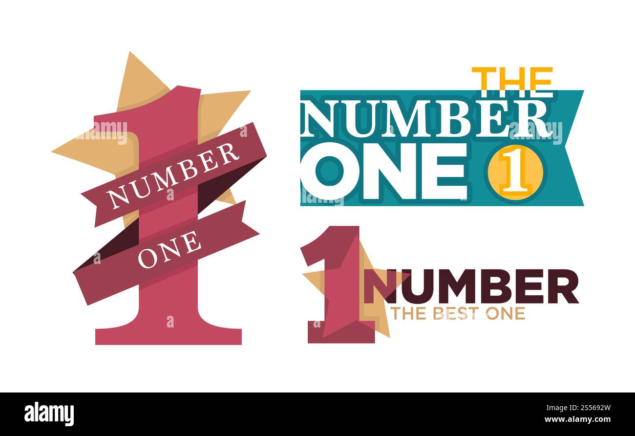 Number one emblems set with stars and ribbons around big numeral ...
