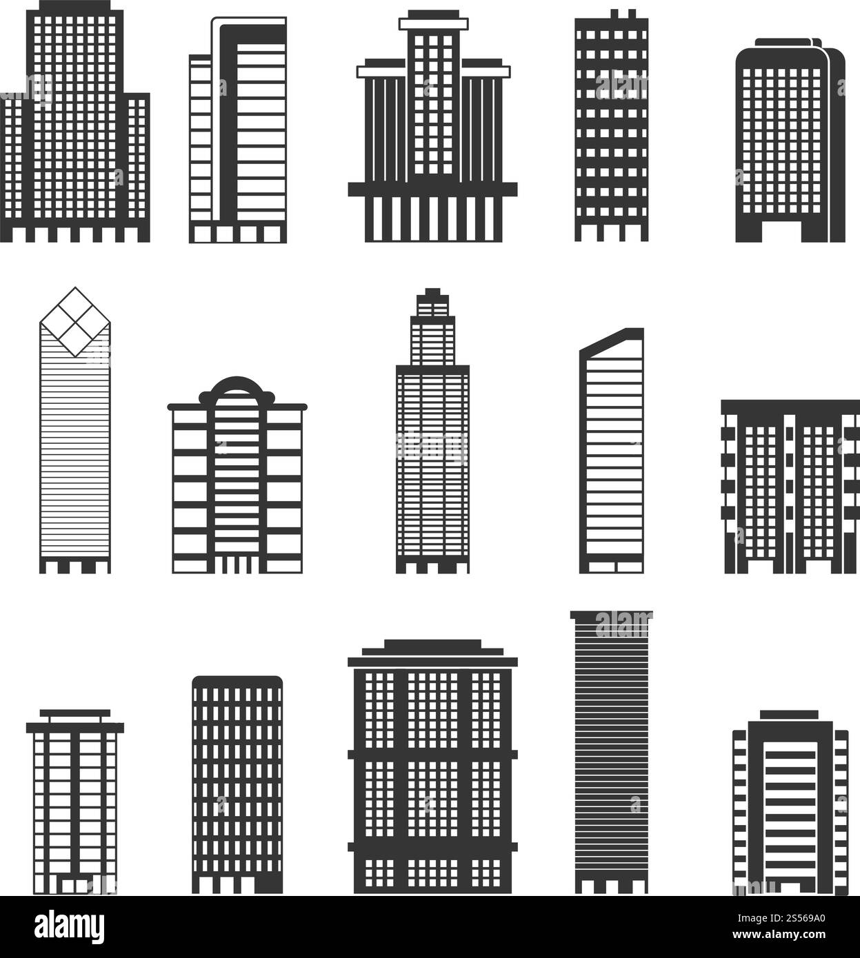 Monochrome illustrations of urban buildings. Business offices in skyscrapers. Architecture black ...