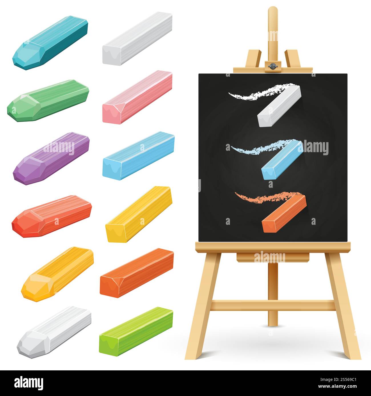 Realistic school chalkboard easel and color chalks isolated on white ...