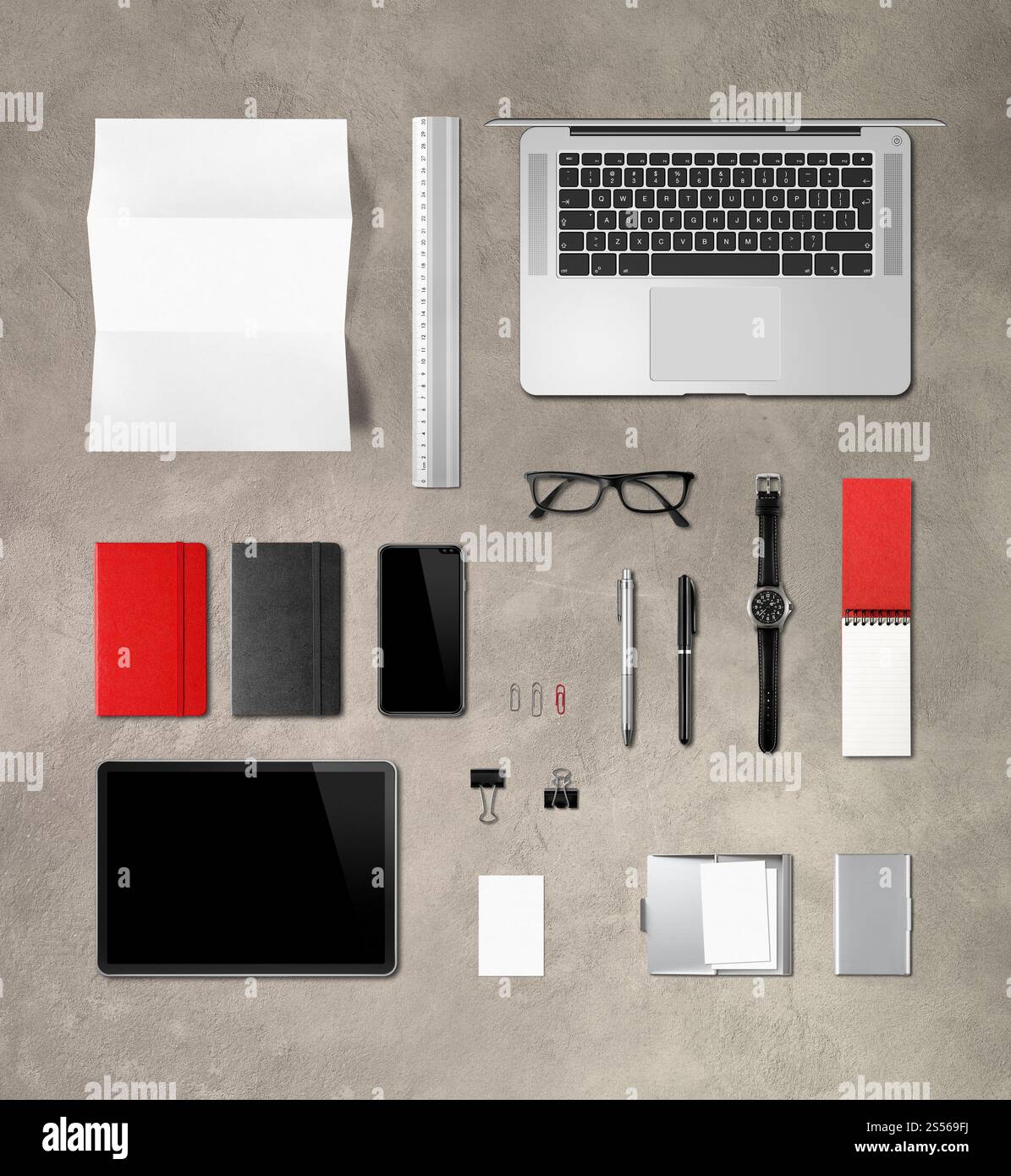 Concrete office desk branding mockup. Top view. Concrete office desk ...