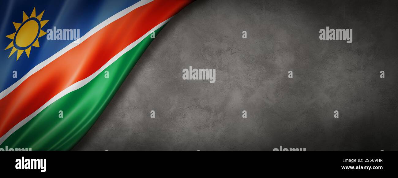 Namibia flag on concrete wall. Horizontal panoramic banner. 3D ...