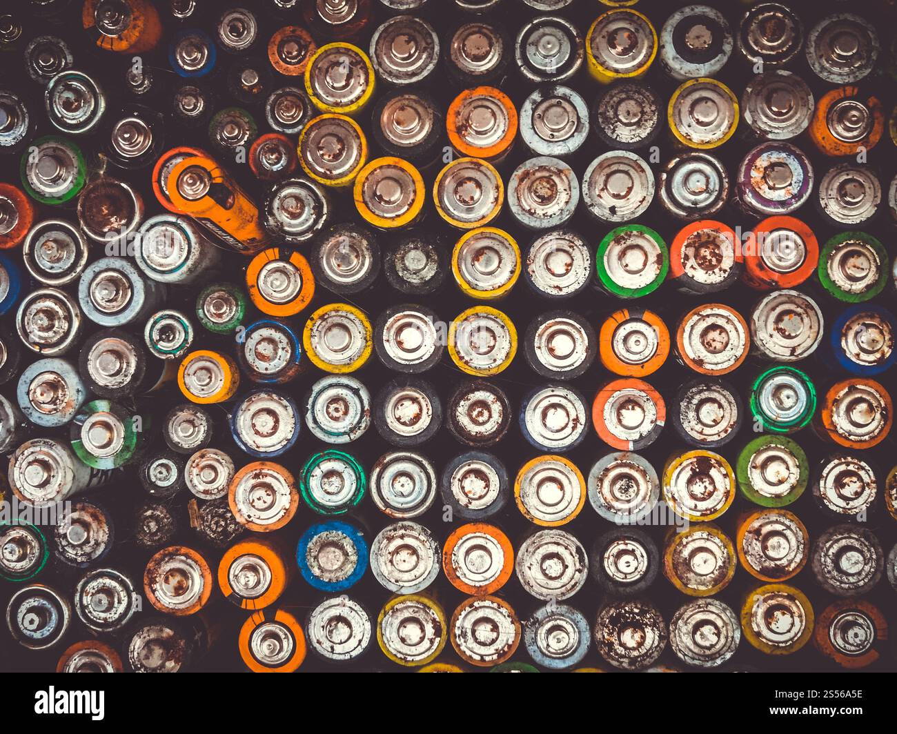 Old used batteries group. Top view background texture wallpaper. Old ...