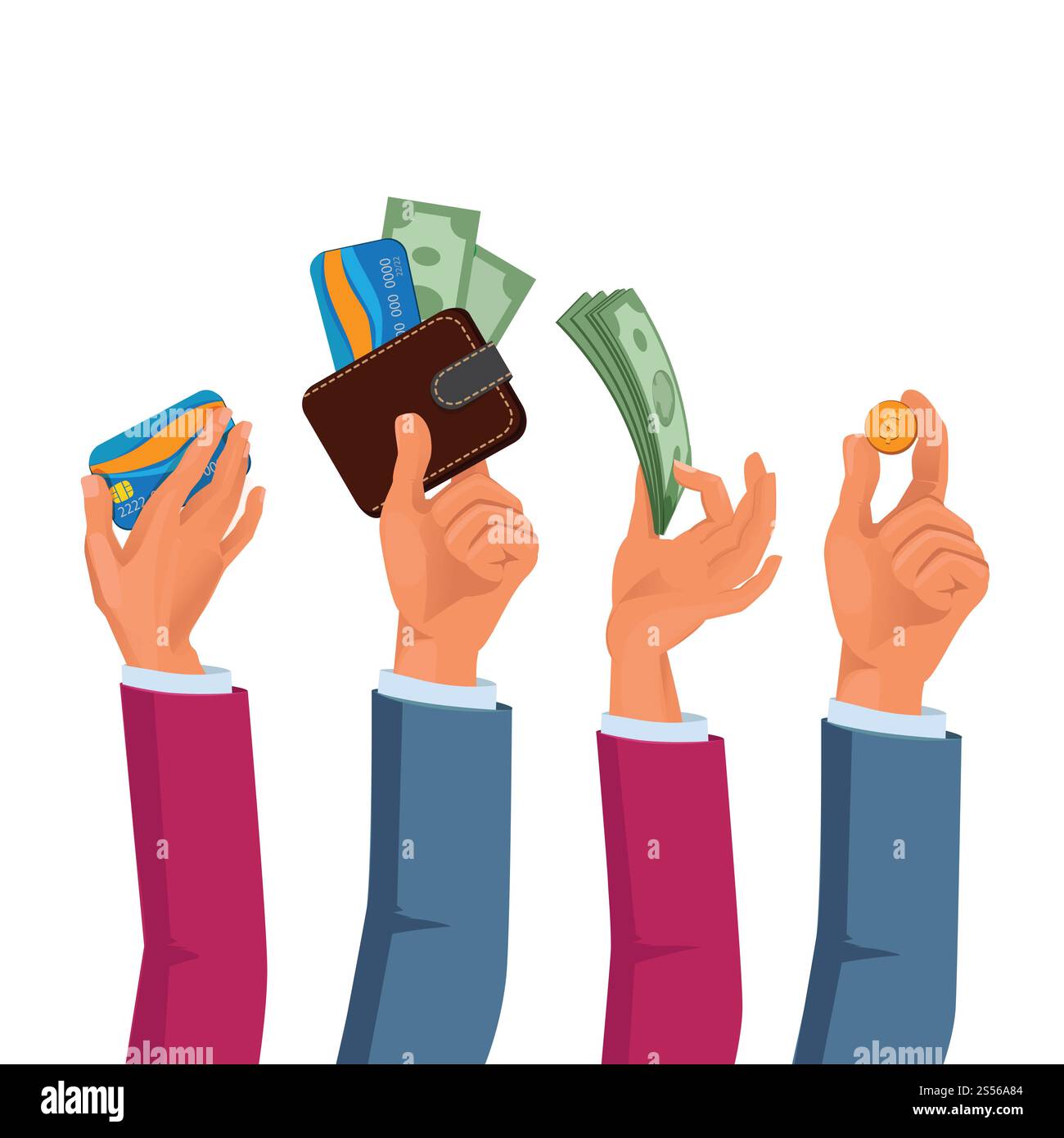 Hands of male and female holding dollars and coins. Vector hand with ...