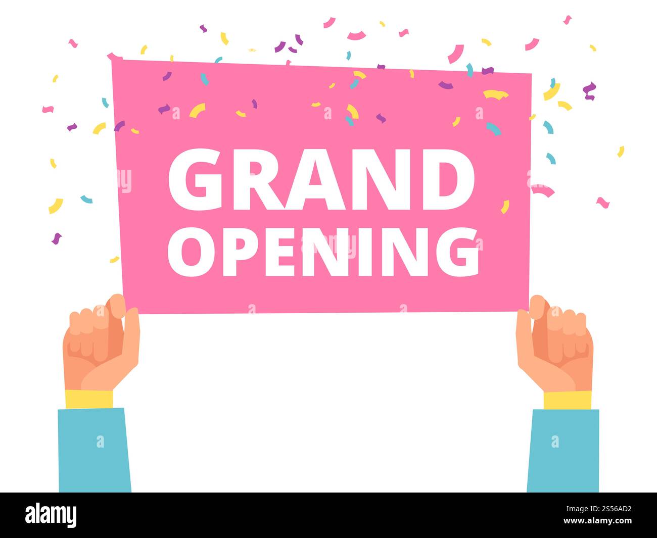 Hands hold Grand Opening info banner with colorful conffetti vector ...