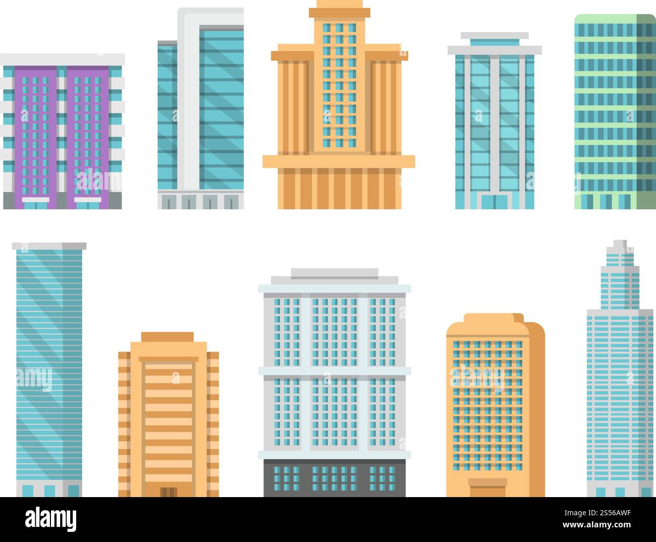 Flat illustrations of various modern skyscrapers and other business ...