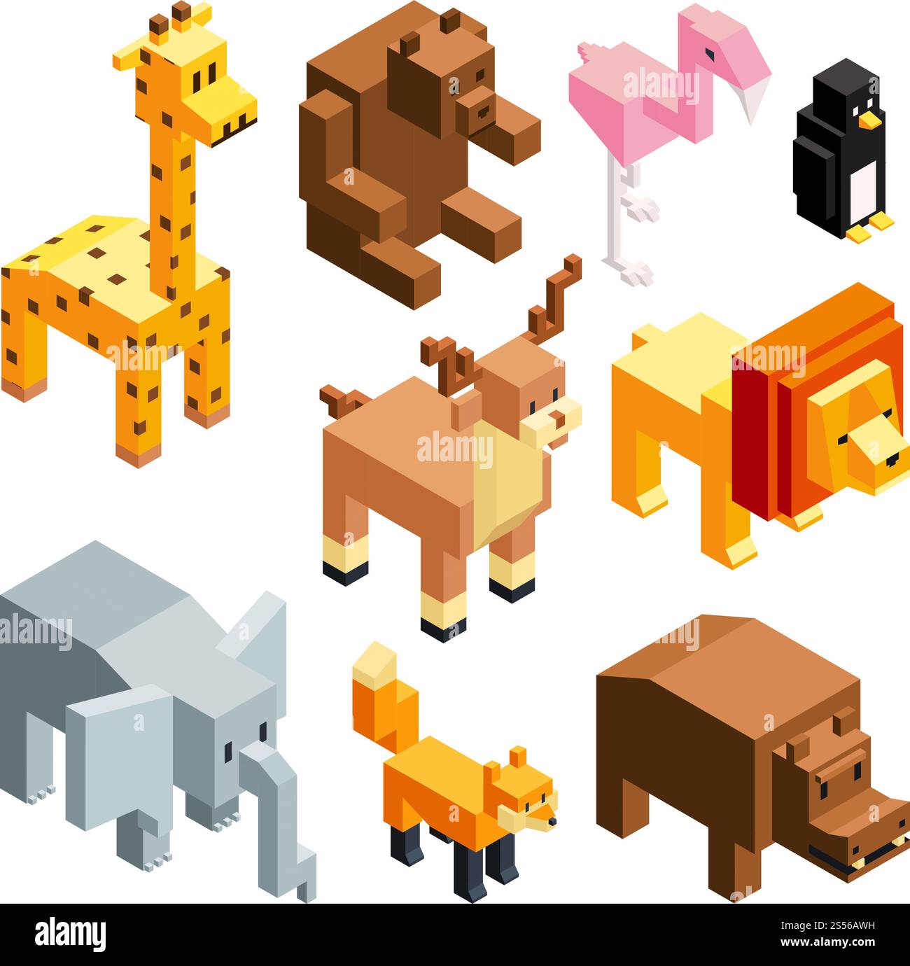 3D toy animals. Isometric pictures isolate. Vector giraffe and bear ...